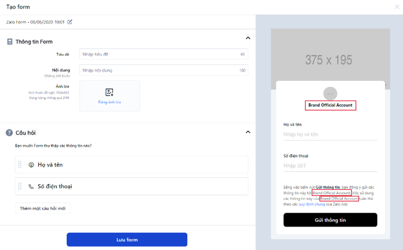Zalo Ads : Tạo Form - Zalo Ads