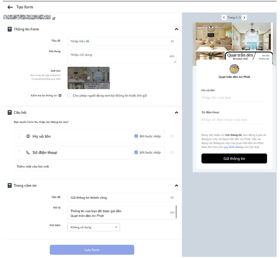 Zalo Ads : Tạo quảng cáo Form