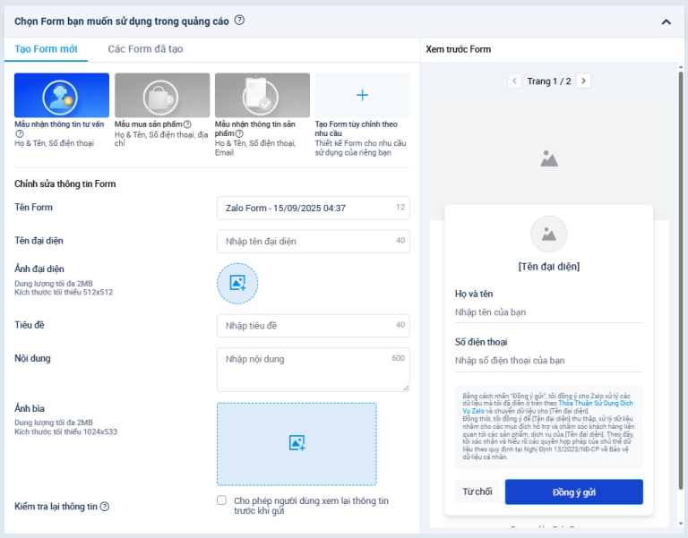 Zalo Ads : Tạo Form - Zalo Ads